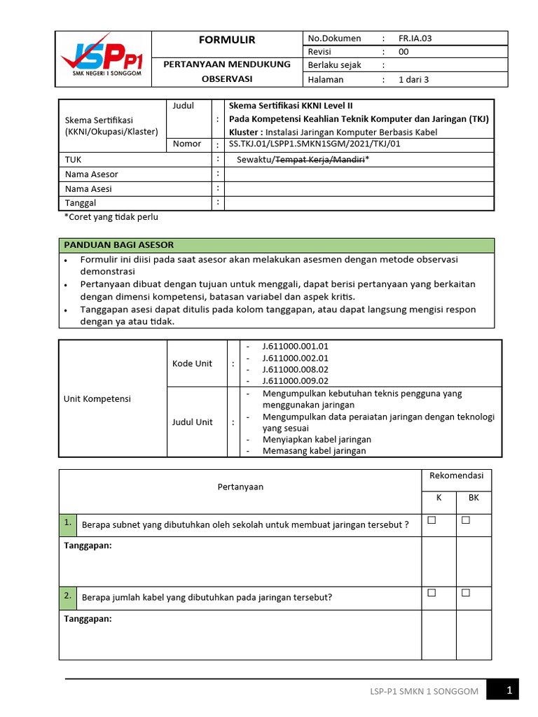 FR - IA.03. PERTANYAAN UNTUK MENDUKUNG OBSERVASI (Cluster I) | PDF