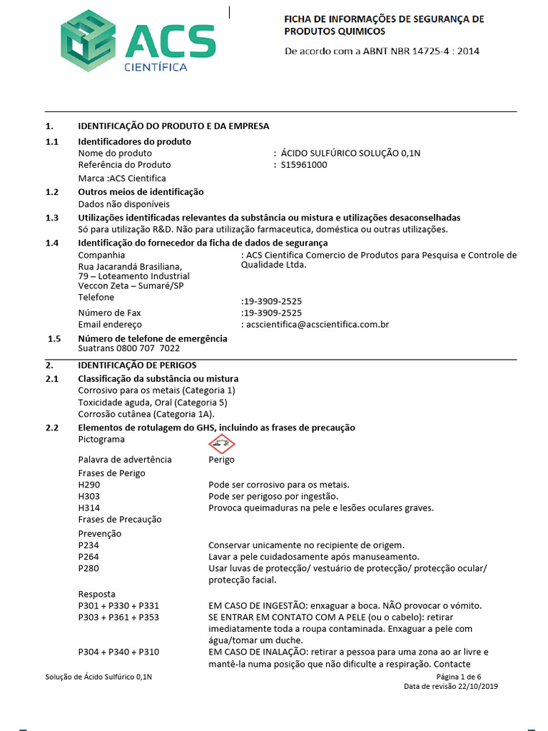 Ácido Sulfúrico Sol. 0,1N (0,05M) - Acs Científica | PDF | Queimadura ...