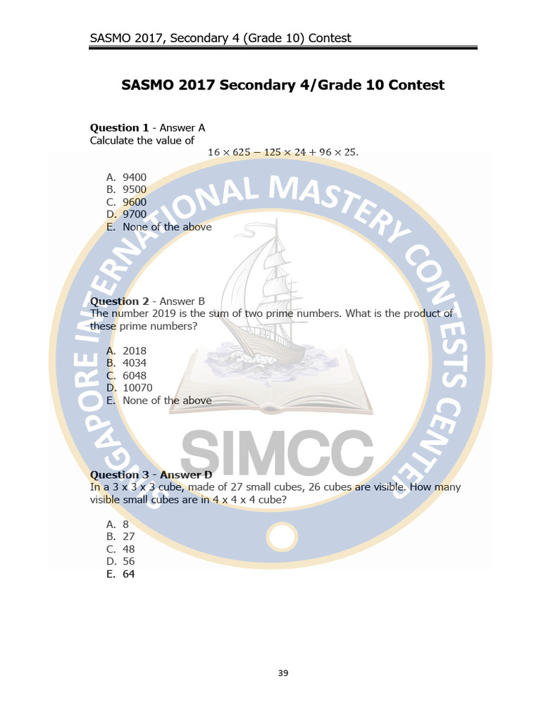 SASMO 2017 Grade 10 Contest Paper | PDF | Prime Number | Decimal
