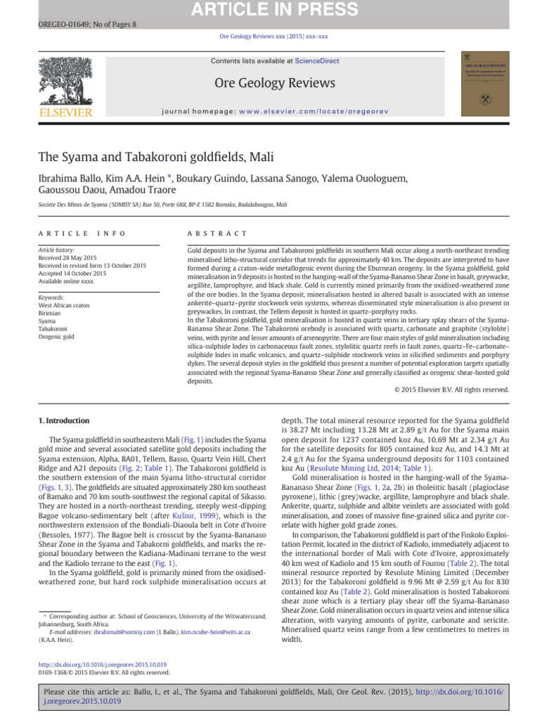 Ballo Et Al. - The Syama and Tabakoroni Goldfields, Mali | PDF | Fault ...