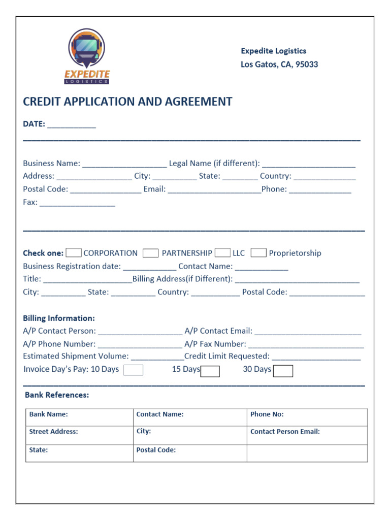 Credit Application and Agreement: Expedite Logistics Los Gatos, CA ...