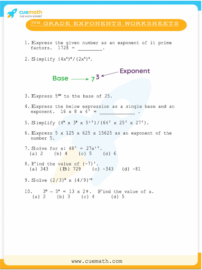 Cuemaths Class 7 Maths Worksheet Exponents Powers | PDF
