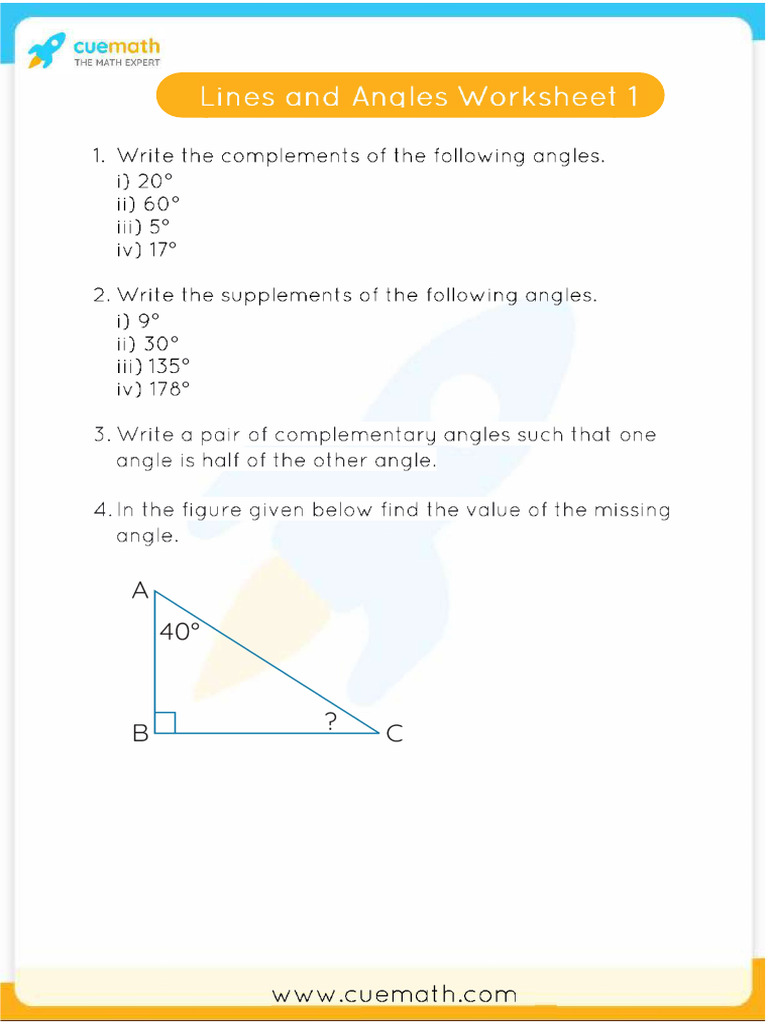 Cuemath Class 7 Maths Worksheet Lines and Angles | PDF