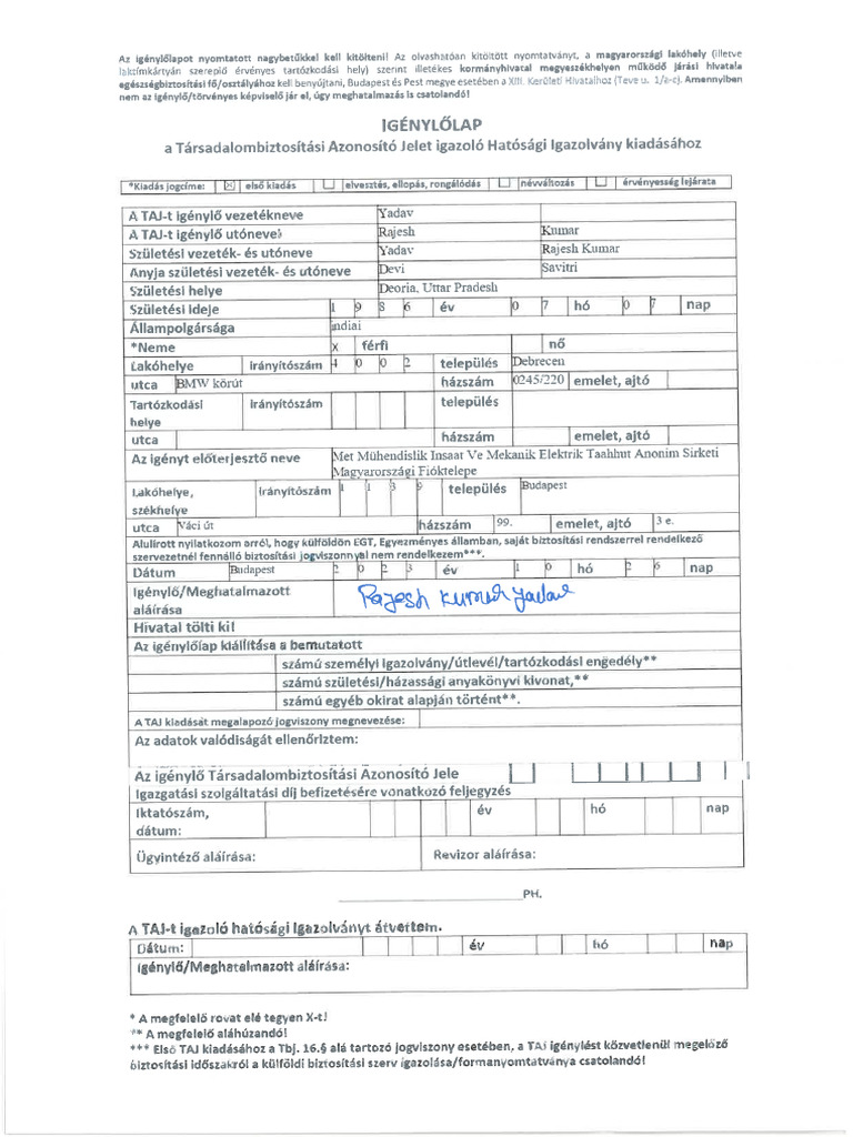 Yadav Rajesh Kumar - Application Form - PDF - VGD Hungary | PDF