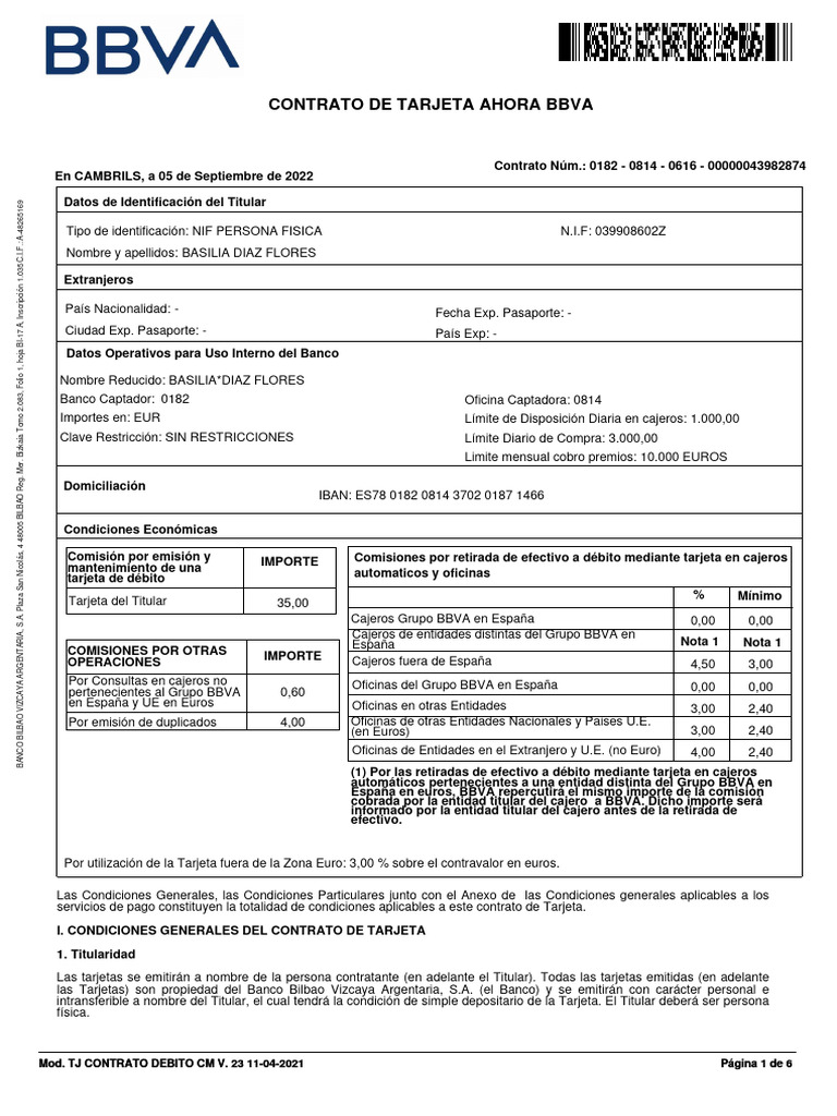 Contrato de Tarjeta Ahora Bbva | PDF | Bancos | Número de identificación personal