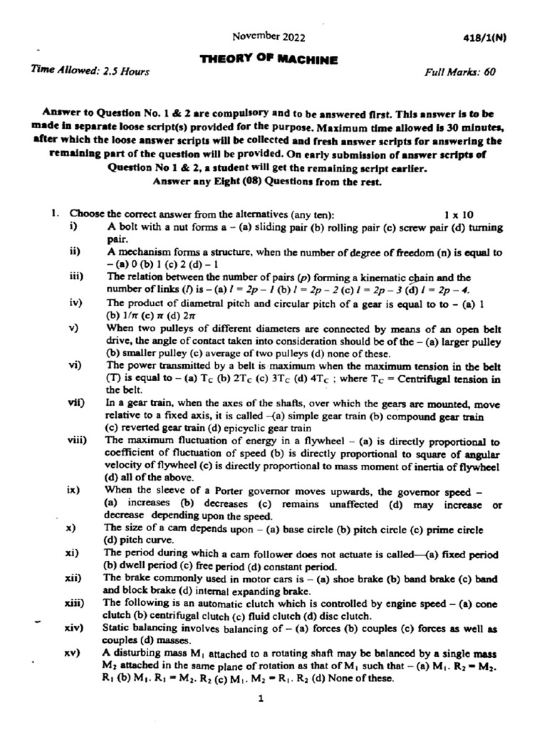 Mechanical Mep 4 Sem Theory of Machine 418 1 N Nov 2022 | PDF