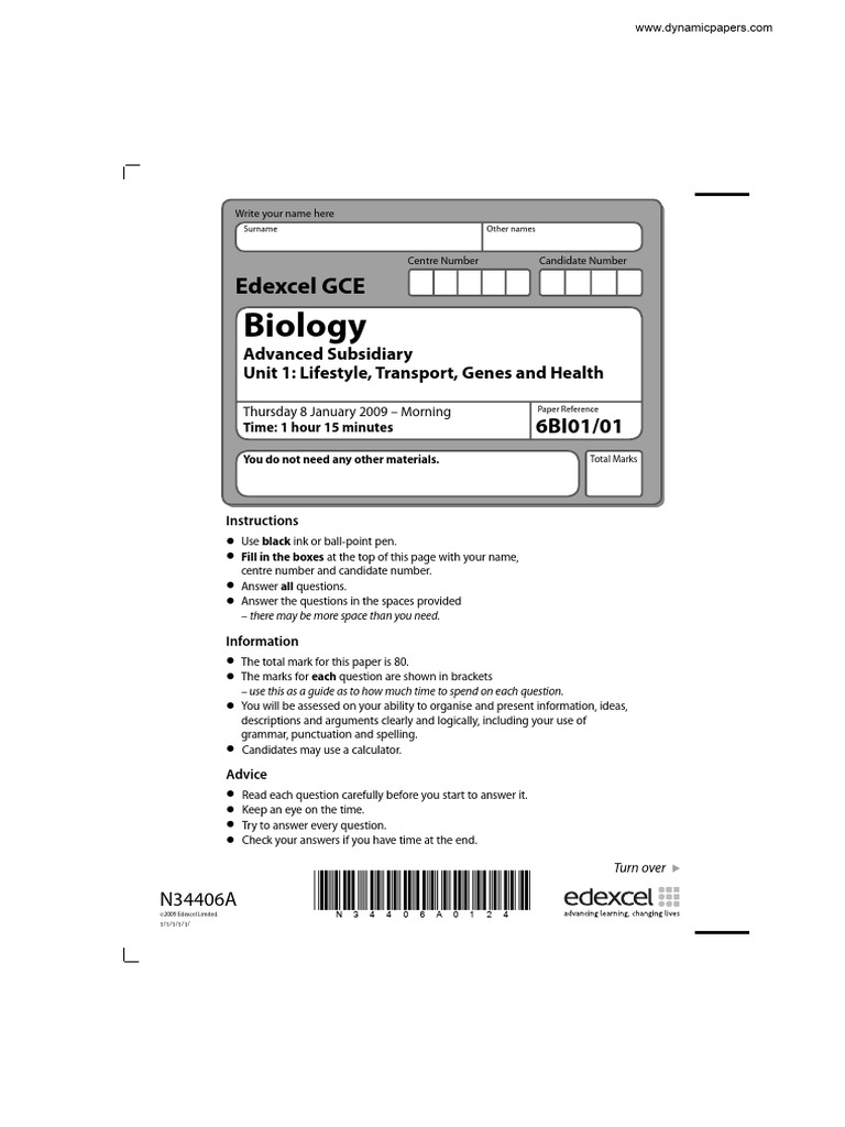 January 2009 QP Unit 1 Edexcel Biology | PDF | High Density Lipoprotein ...