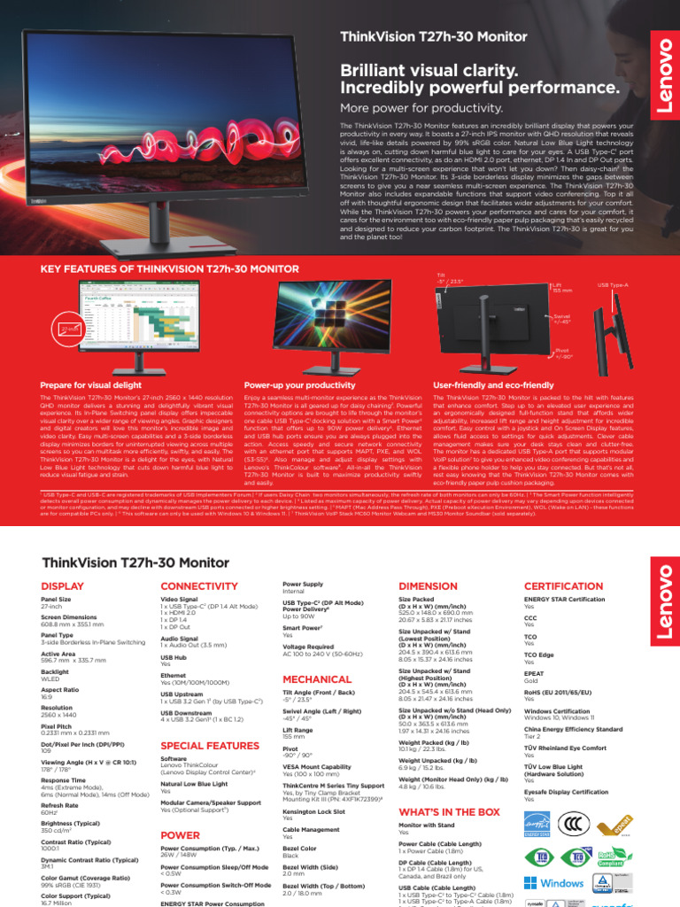 ThinkVision T27h-30 Datasheet EN | PDF | Computer Monitor | Usb