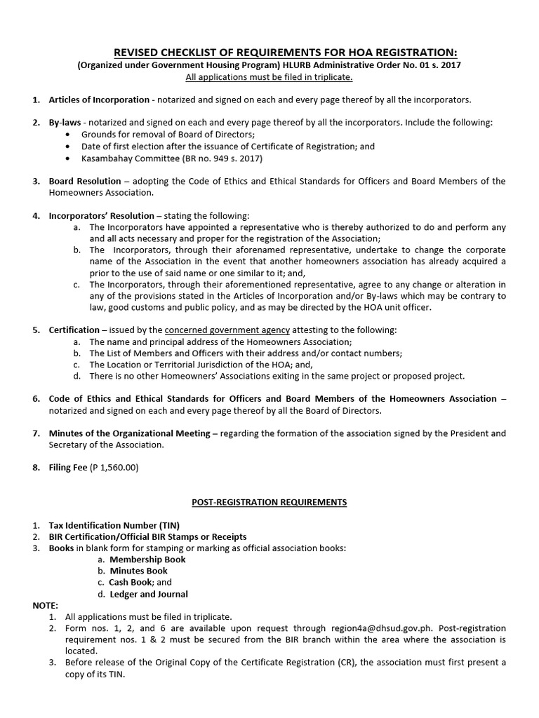Revised Checklist of Requirements For Hoa Registration | PDF ...
