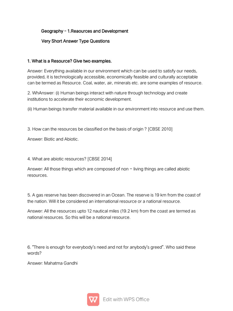 Geo - 1very Short Answer Type Questions | PDF | Resource | Natural ... Geo - 1very Short Answer Type Questions | PDF | Resource | Natural ...