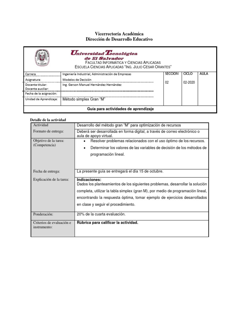 Guía de Método Simplex Gran M | PDF | Programación lineal | Evaluación