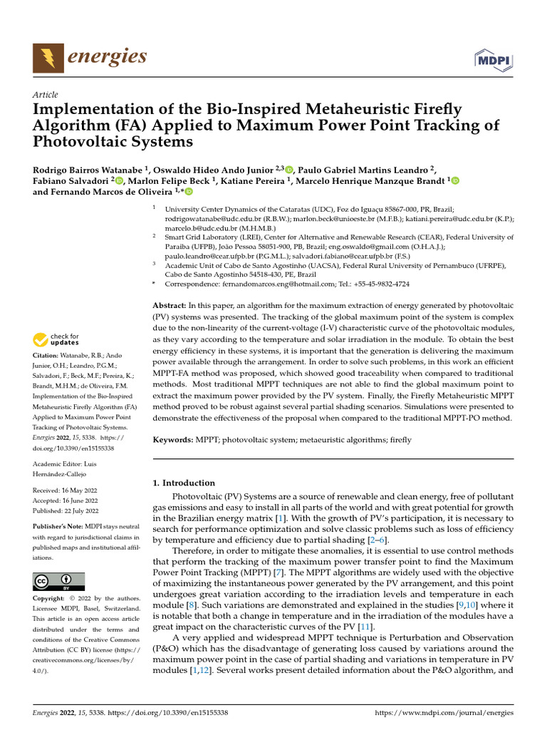 Implementation of The Bio-Inspired Metaheuristic Firefly Algorithm (FA) Applied To Maximum Power ...