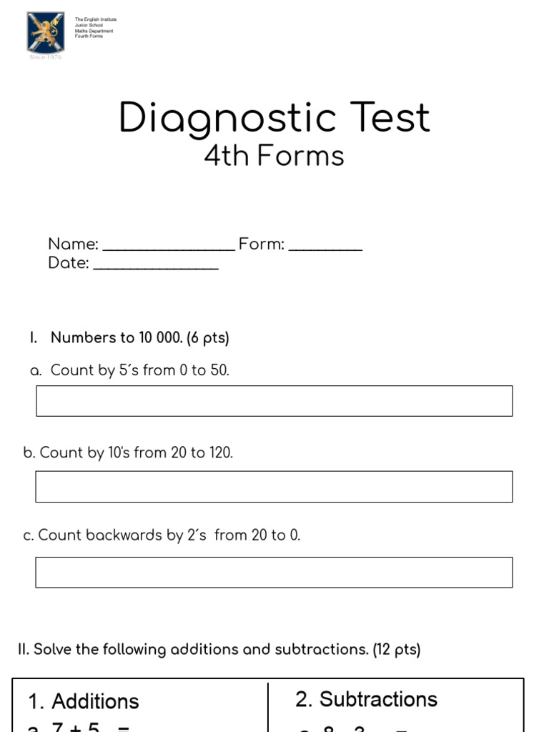4th Grade Maths Diagnostic Test | PDF | Mathematics