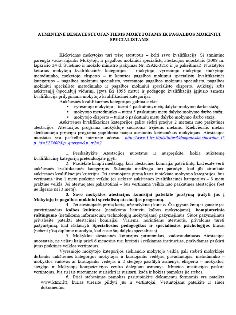 Mokytoju-Atestacija Atmintine | PDF