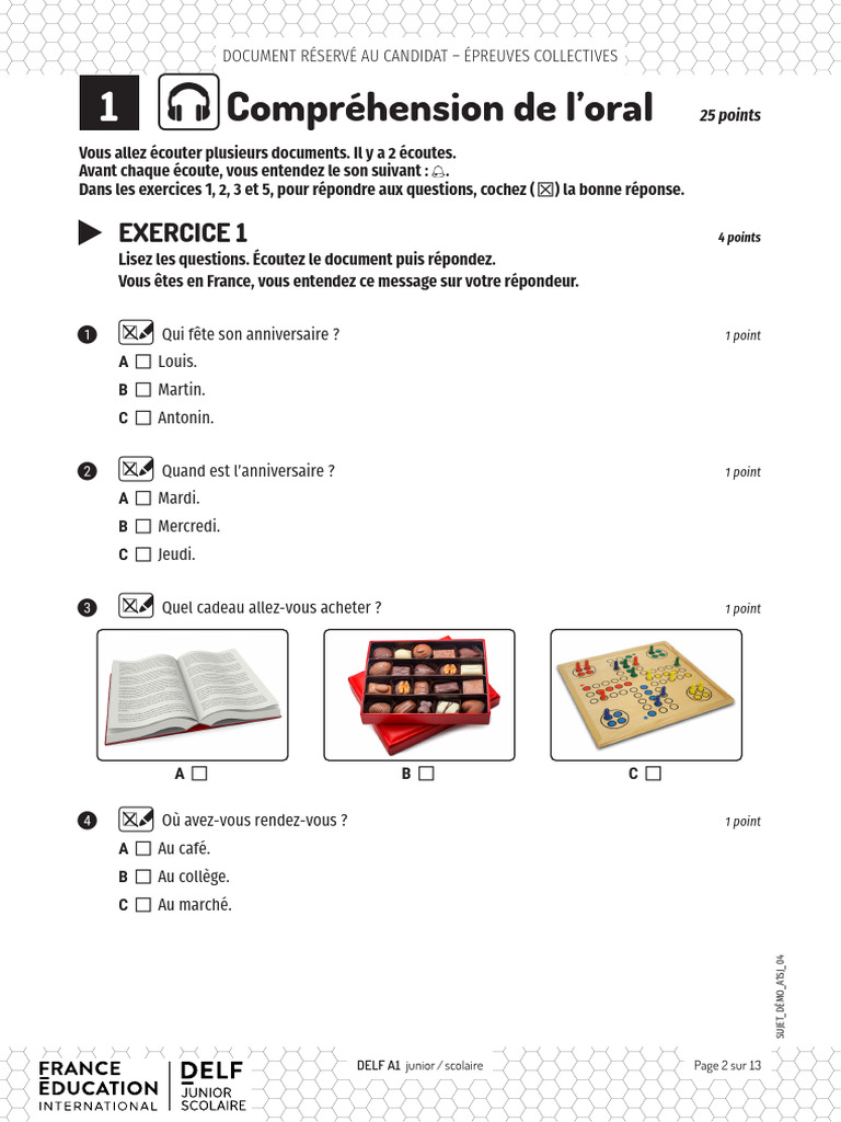 Examen DELF A1 Junior: Compréhension orale | PDF