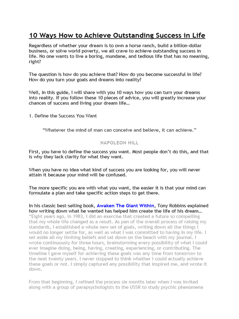 10 Ways How To Achieve Outstanding Success in Life | PDF | Reason ...