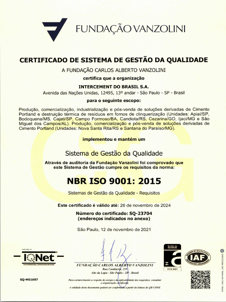 M01697 Intercement Do Brasil 9001 | PDF