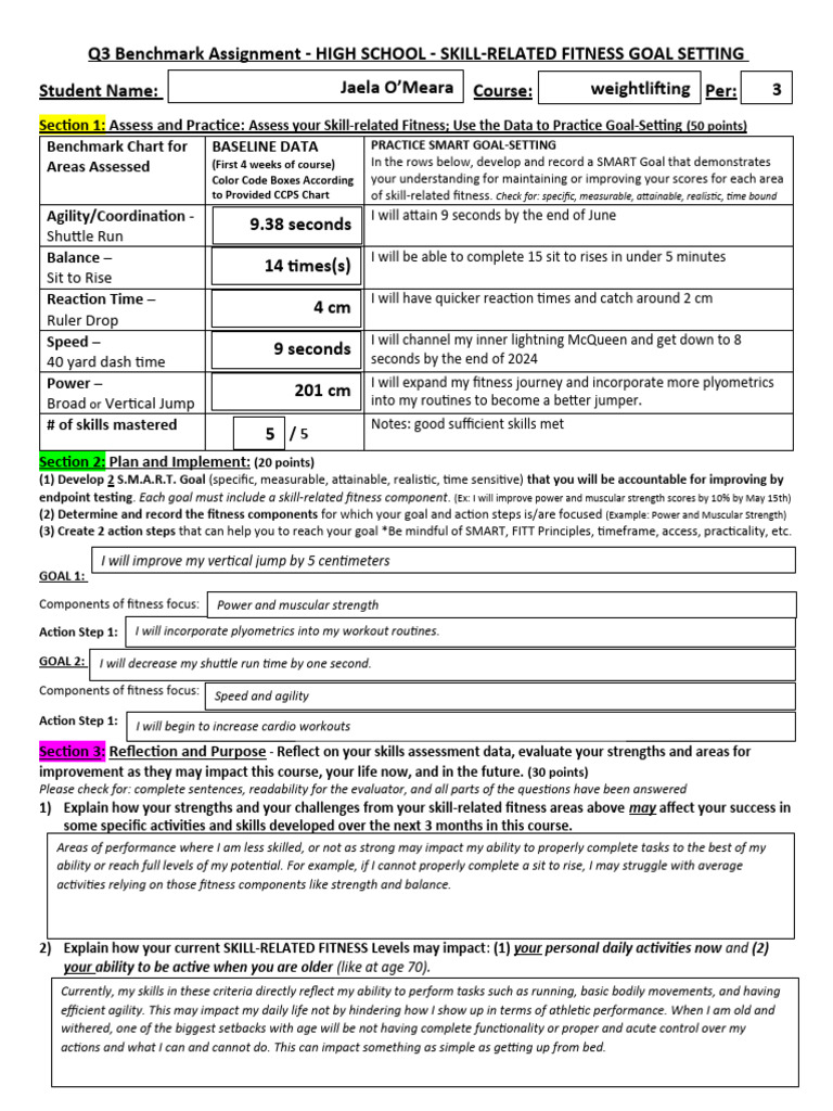 2022-23SY - HS - Q3 Benchmark Assignment - SKILL RELATED FITNESS GOAL SETTING | PDF | Physical ...