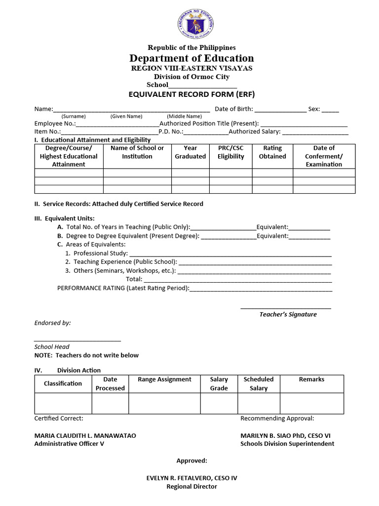 Department of Education: Equivalent Record Form (Erf) | PDF