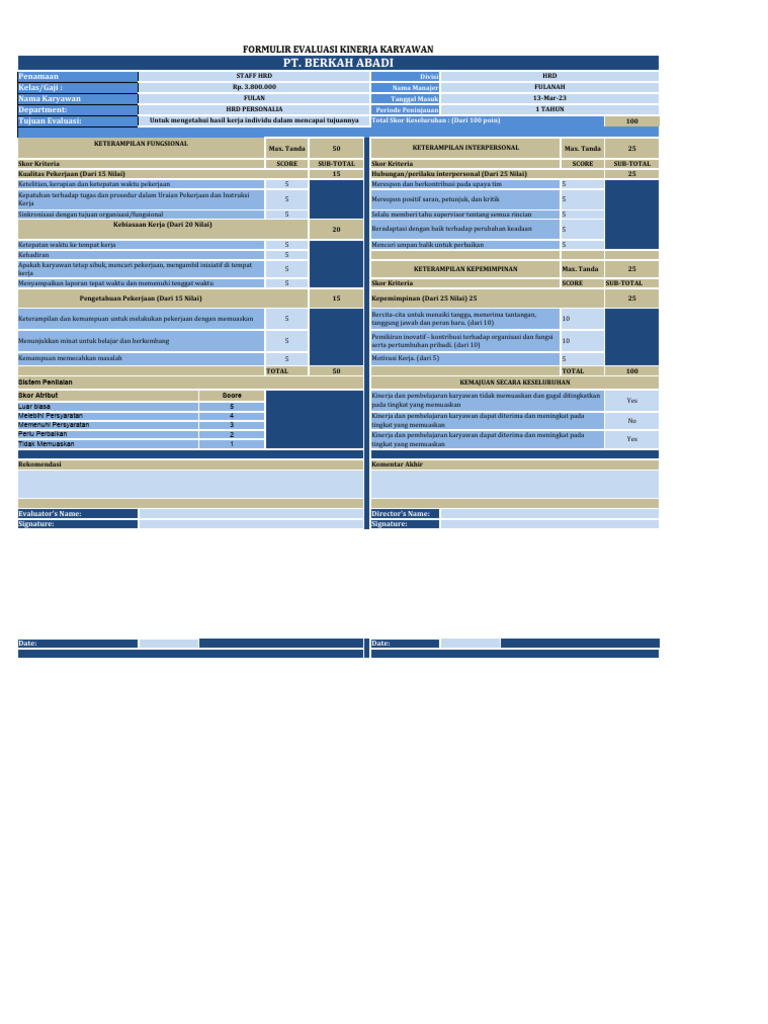 form-penilaian-kinerja-karyawan-perusahaan-swasta-dalam-format-excel | PDF