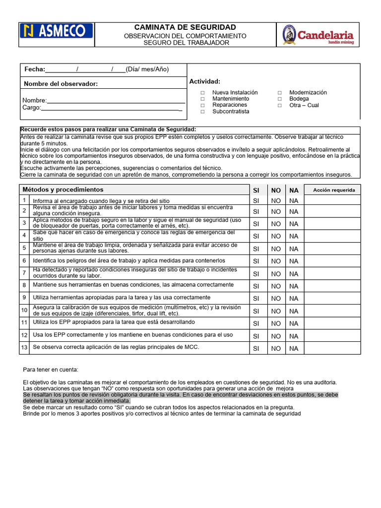 Check List - Caminata de Seguridad | PDF Check List - Caminata de Seguridad | PDF