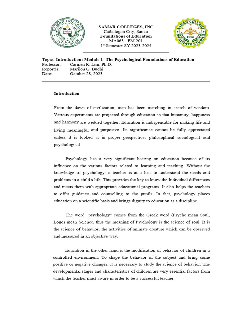 PSYCHOLOGICAL FOUNDATION OF EDUCATION Final | PDF | Psychology ...