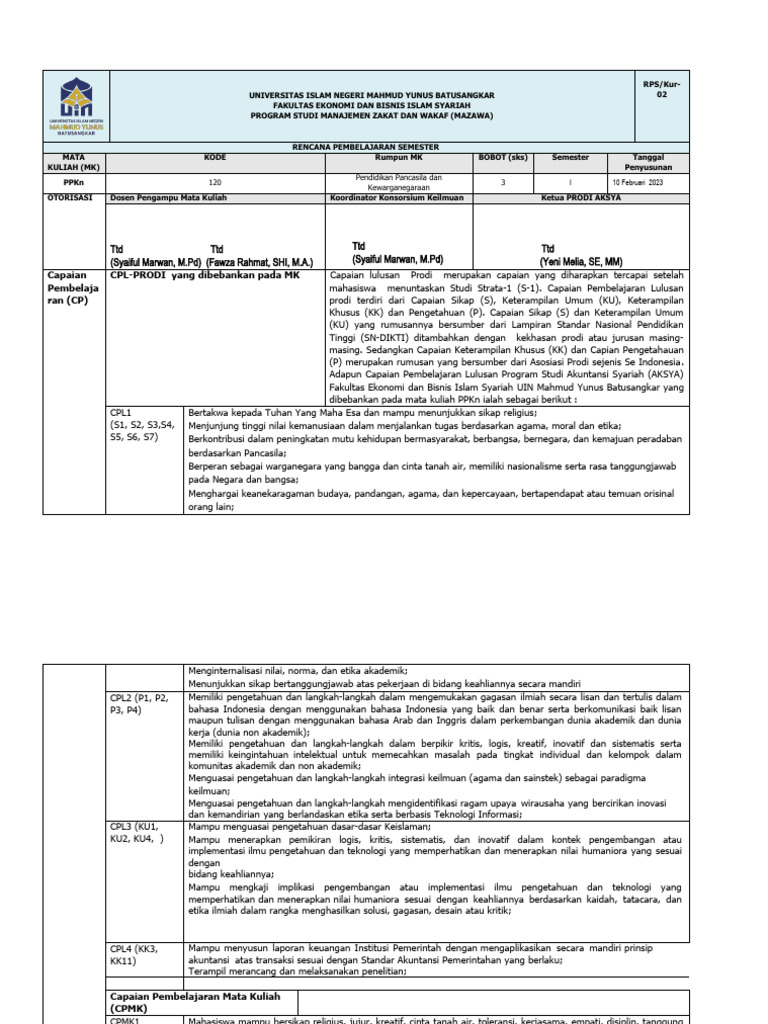 RPS PPKN Prodi AKSYA 2023 | PDF