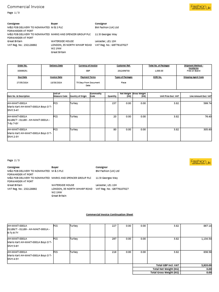 M&S Commercial Invoice Details | PDF | Economies