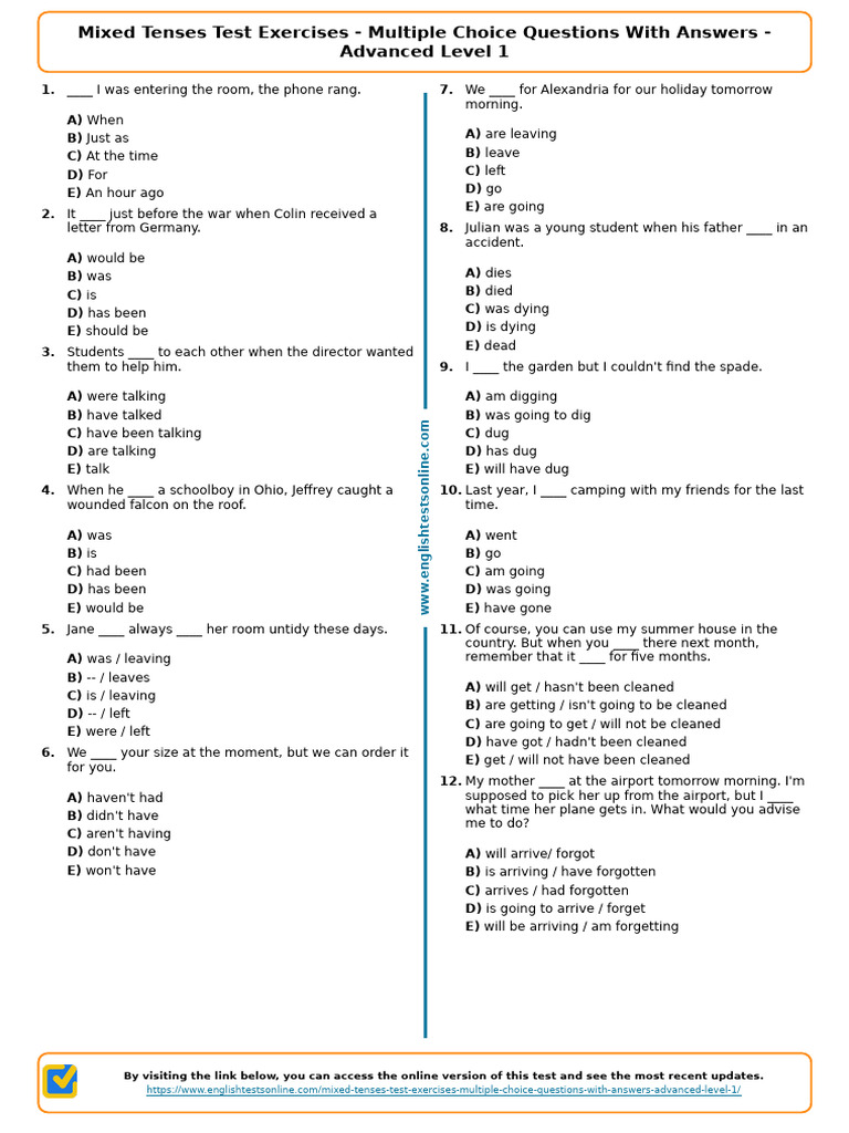 Mixed Tenses MCQ Test with Answers | PDF