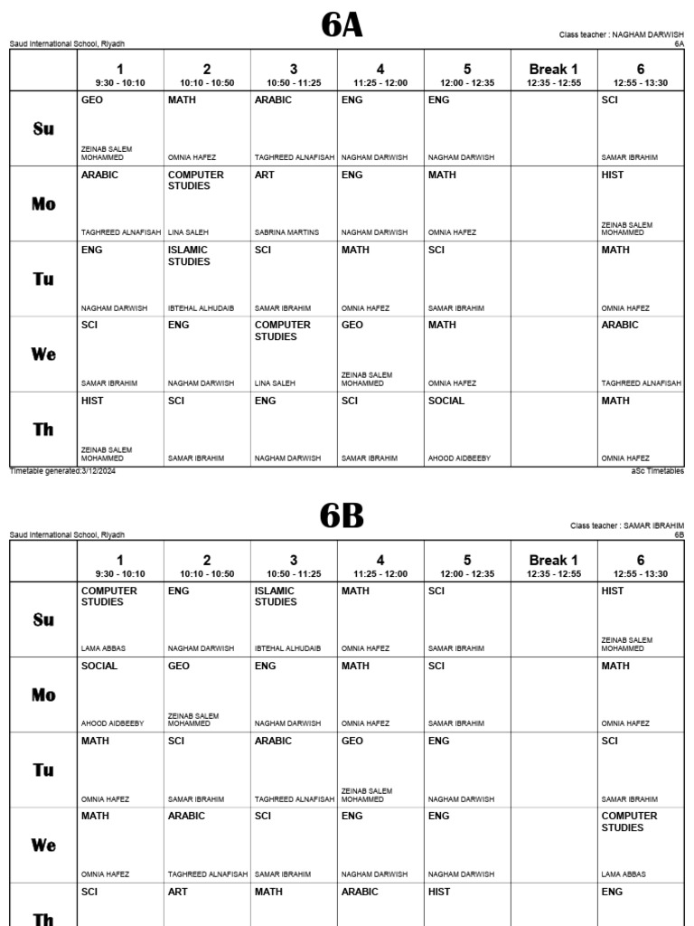 Grade 6-12 Girls Section 2023-2024 - Sem 3 Ramadan - Class Timetable | PDF | Abrahamic Religions