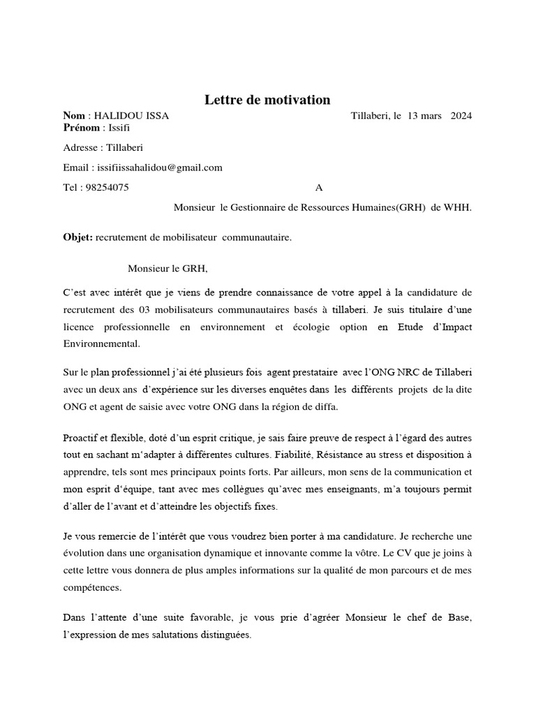 Lettre de Motivation Mobcom | PDF | Évolution de carrière | Développement personnel