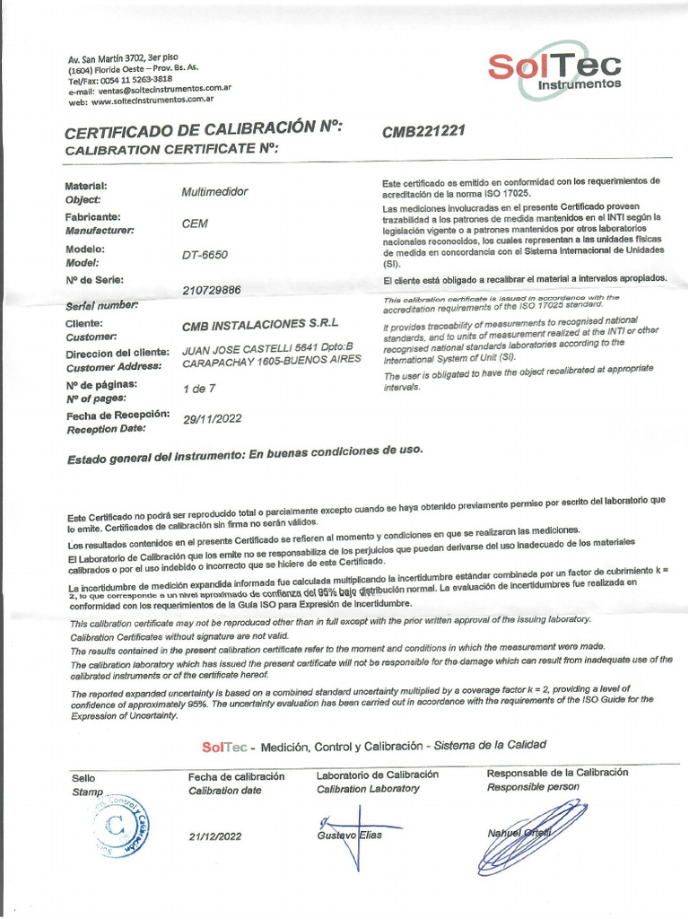 Certificado de Calibracion | PDF