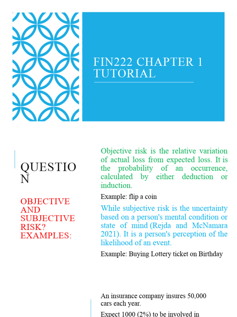 FIN222 Chapter 1 Tutorial 2 | PDF | Risk | Insurance