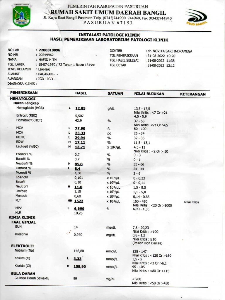 Hematologi Bapak Hafid @220910 | PDF