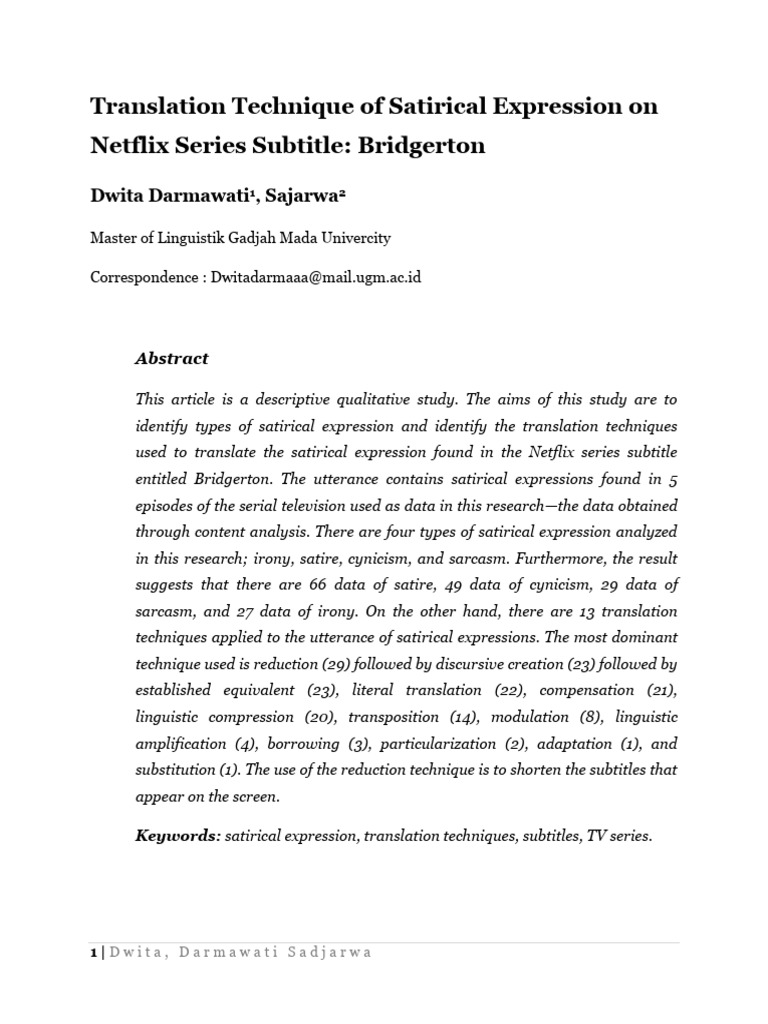 Translation Technique of Satirical Expression on Netflix Series ...