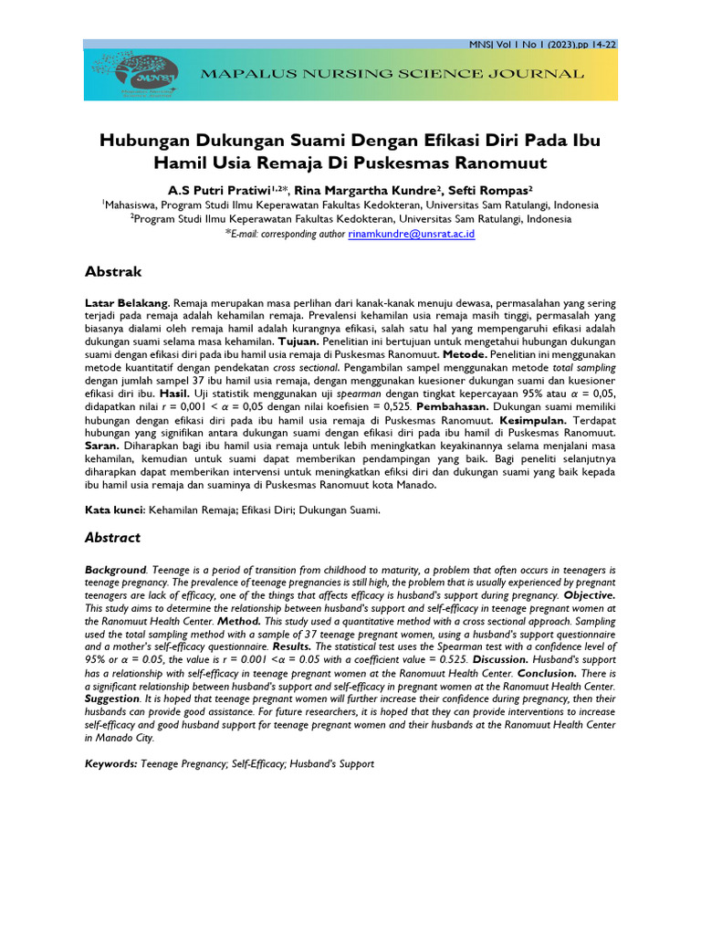 Hubungan Dukungan Suami Dengan Efikasi Diri Pada Ibu Hamil Usia Remaja Di Puskesmas Ranomuut | PDF