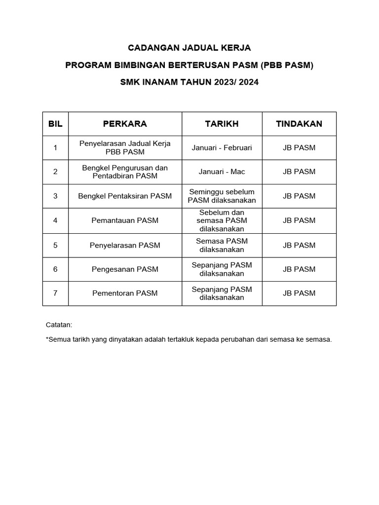 Jadual Program Bimbingan PASM 2023/2024 | PDF