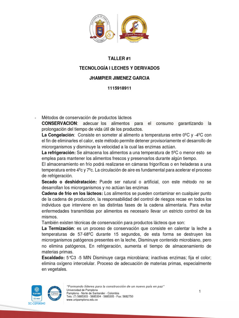TALLER 1 TECNOLOGÍA DE LECHES | PDF | Leche | Alimentos
