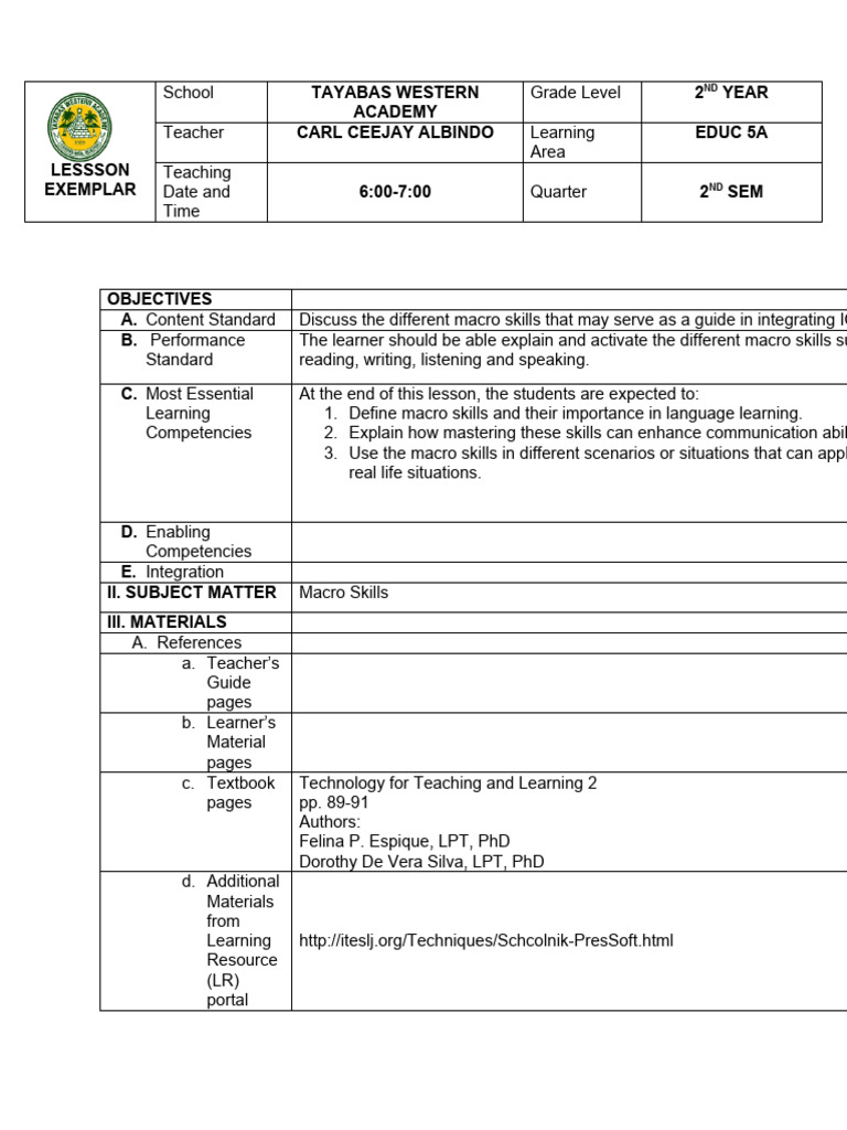 Lesson Plan - Ceejay Educ 5a-4 | PDF | Reading Comprehension | Vocabulary