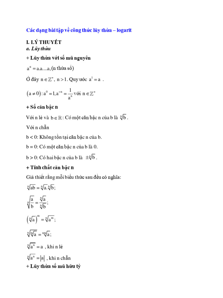 Cac Dang Bai Tap Ve Cong Thuc Luy Thua Logarit Toan Lop 12 | PDF