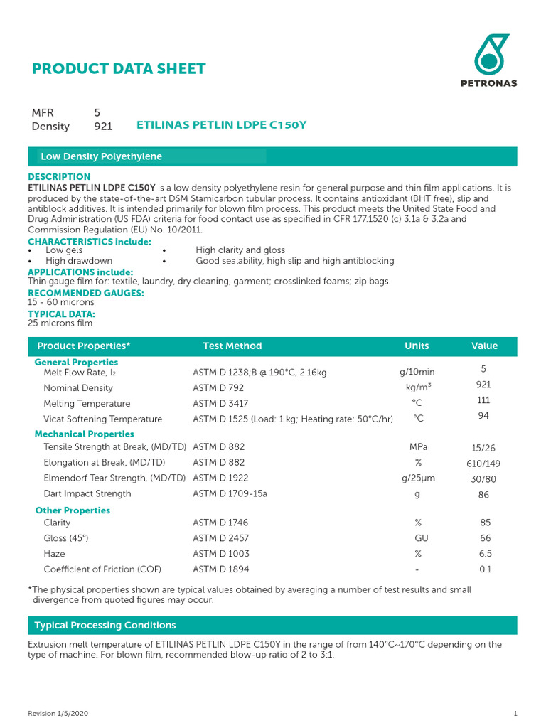 Product Sheet Petlin LD C150y - 0 | PDF | Polyethylene | Materials