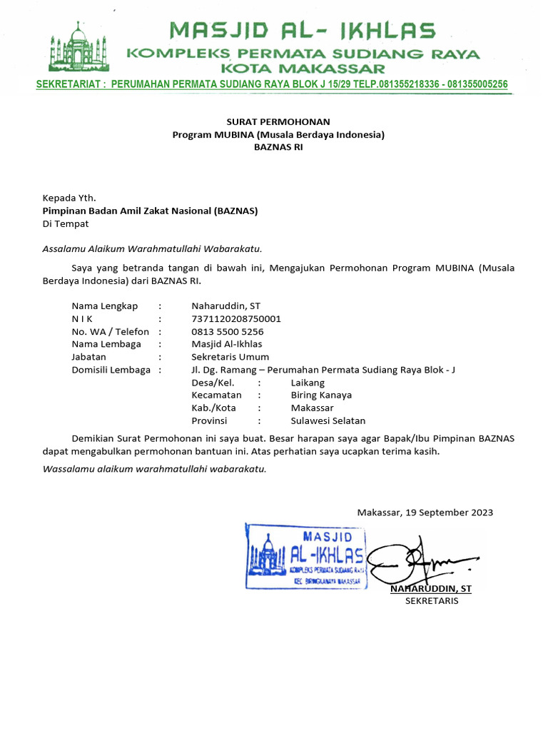 Surat Permohonan Program MUBINA Baznas | PDF