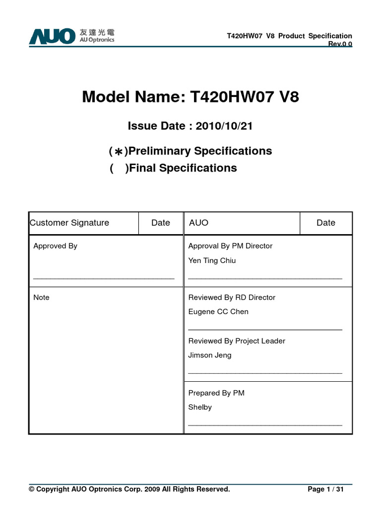 Auo t420hw07-v8 42inch Color TFT-LCD Module Ccfl-And-Led Backlight v0.0 2010 Datasheet | PDF ...