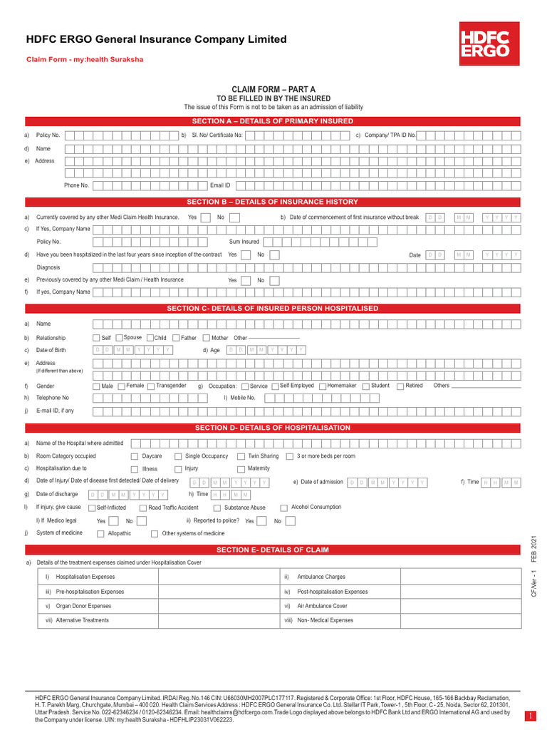 Myhealth Suraksha Claim Form | PDF | Hospital | Receipt