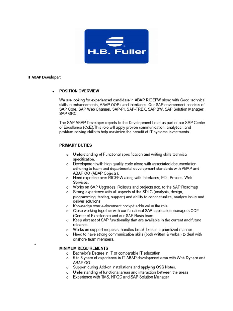 IT ABAP Developer:: Position Overview | PDF | Computing | Information ...
