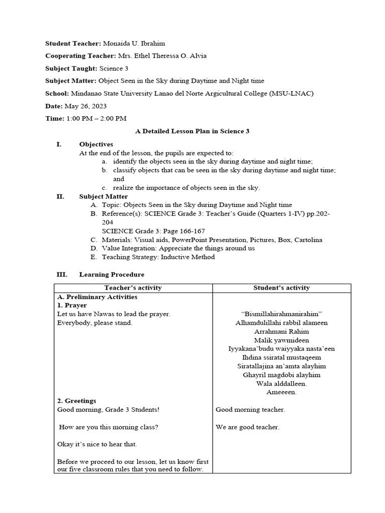 Day and Night Sky Objects Lesson Plan | PDF | Sky | Night