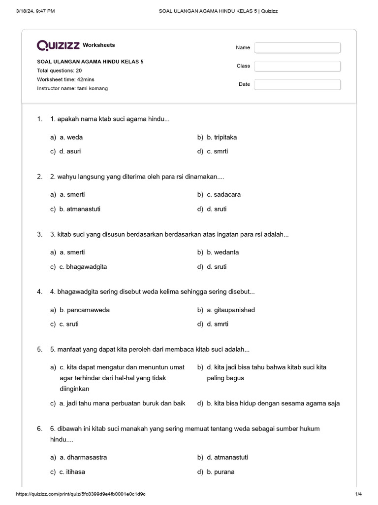 Soal Ulangan Agama Hindu Kelas 5 | PDF