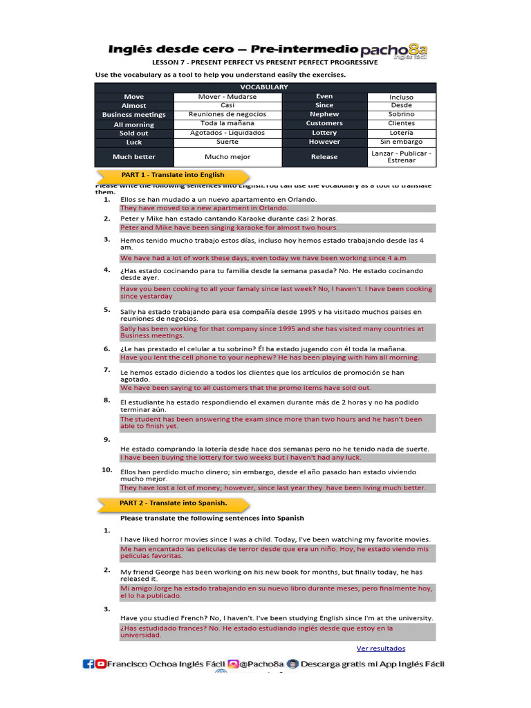 Lesson 7 - Presente Perfecto VS Presente Perfecto Progresivo | PDF