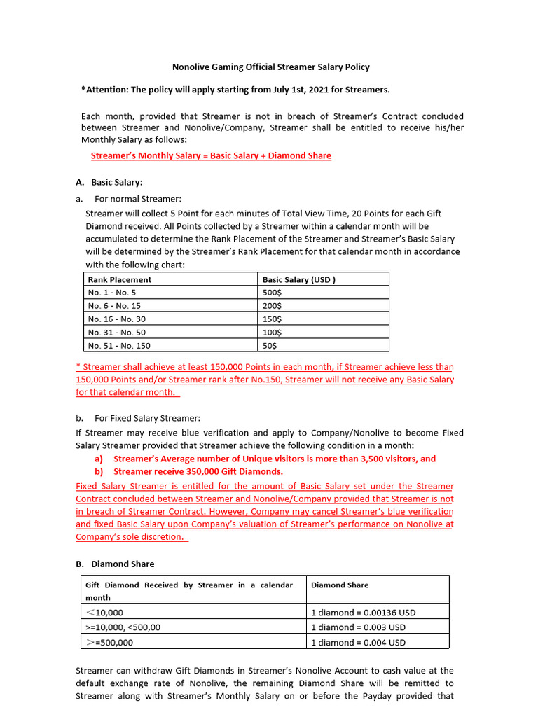 Nonolive Streamer Salary Guidelines | PDF | Salary | Economies