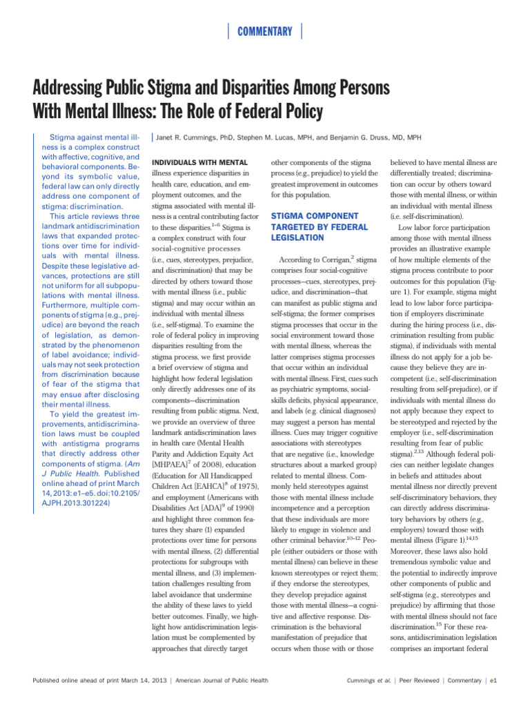 Addressing Public Stigma and Disparities Among Persons With Mental ...